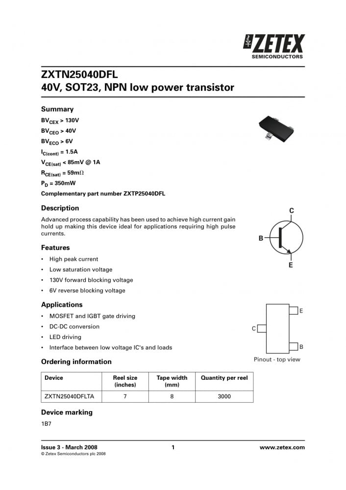 ZXTN25040DFLTA datasheet page 1