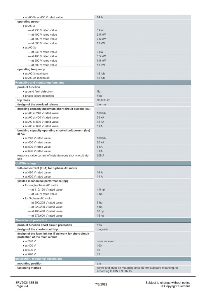 3RV20314SB10 technical document page 2