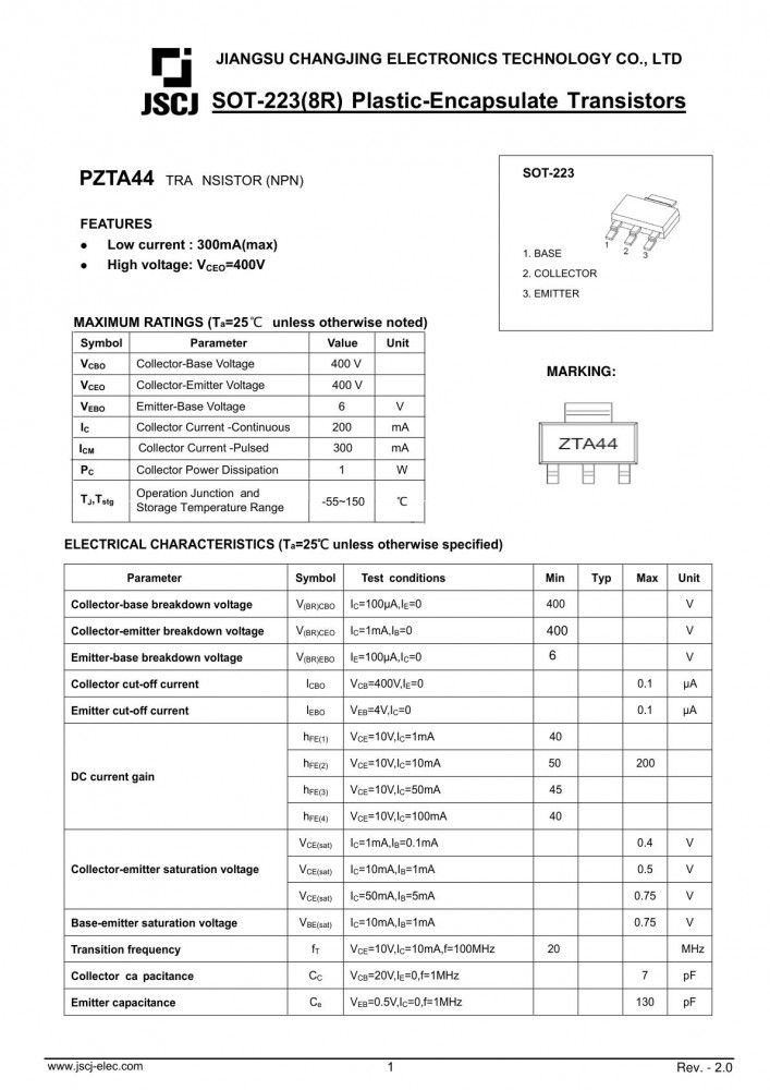 PZTA44 datasheet page 1