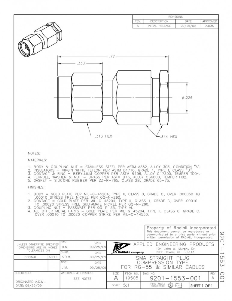 Radiall 9201-1553-001 product drawing preview