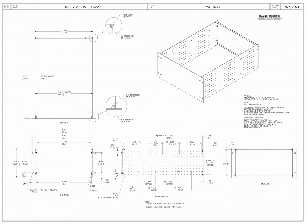 RM-14294 reference drawing showing enclosure construction notes and accessory information