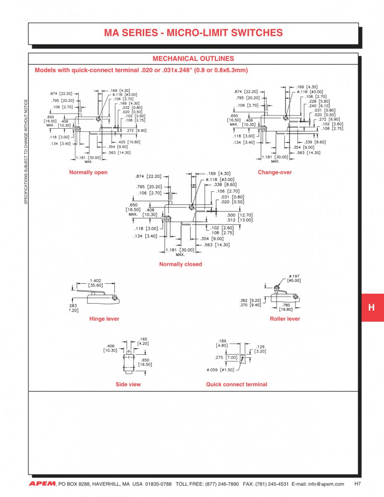 APEM micro-limit switch documentation page 7