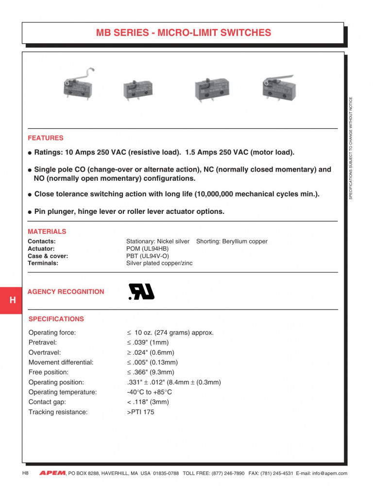 APEM micro-limit switch documentation page 8