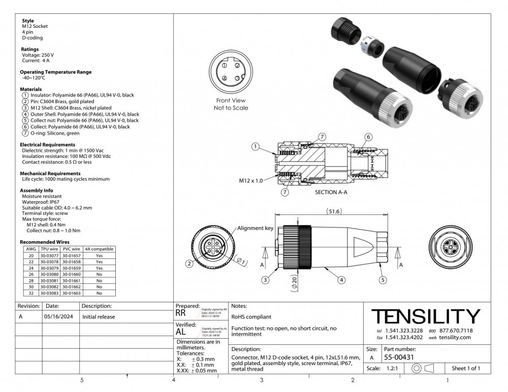 Tensility International 55-00431 M12 D-code 4-pin socket product drawing