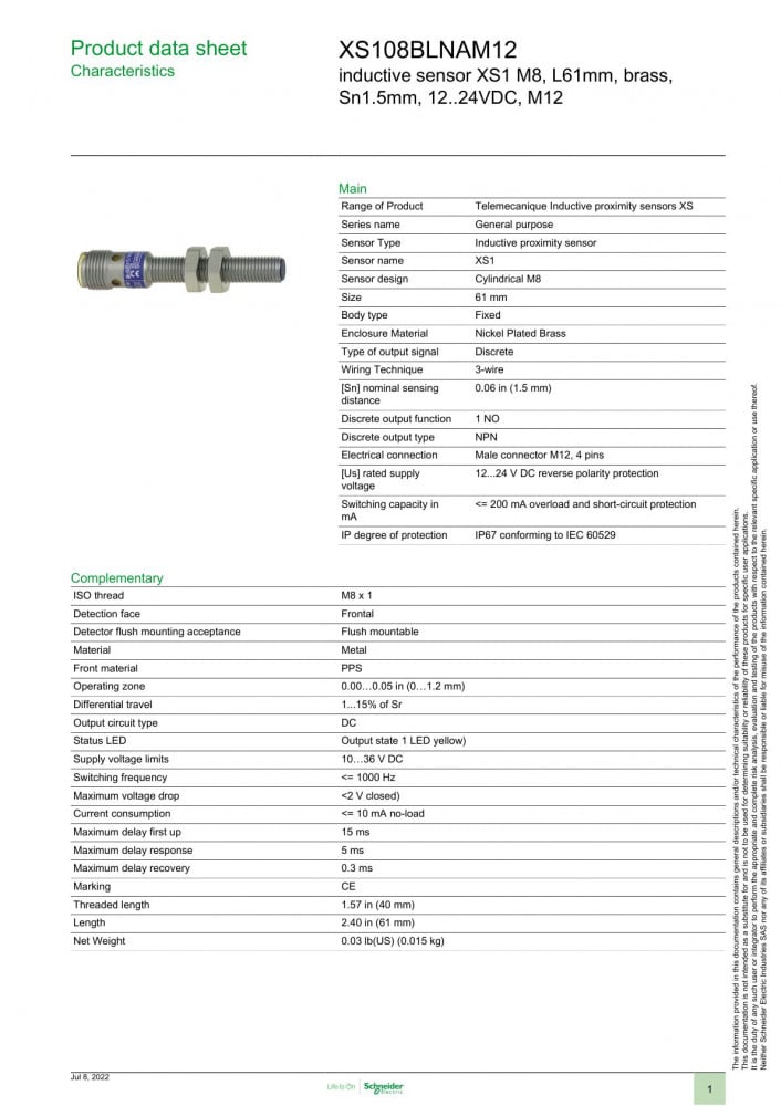 XS108BLNAM12 technical document page 1