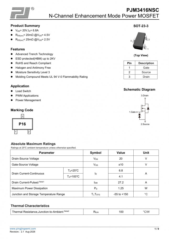 PJM3416NSC datasheet page 1