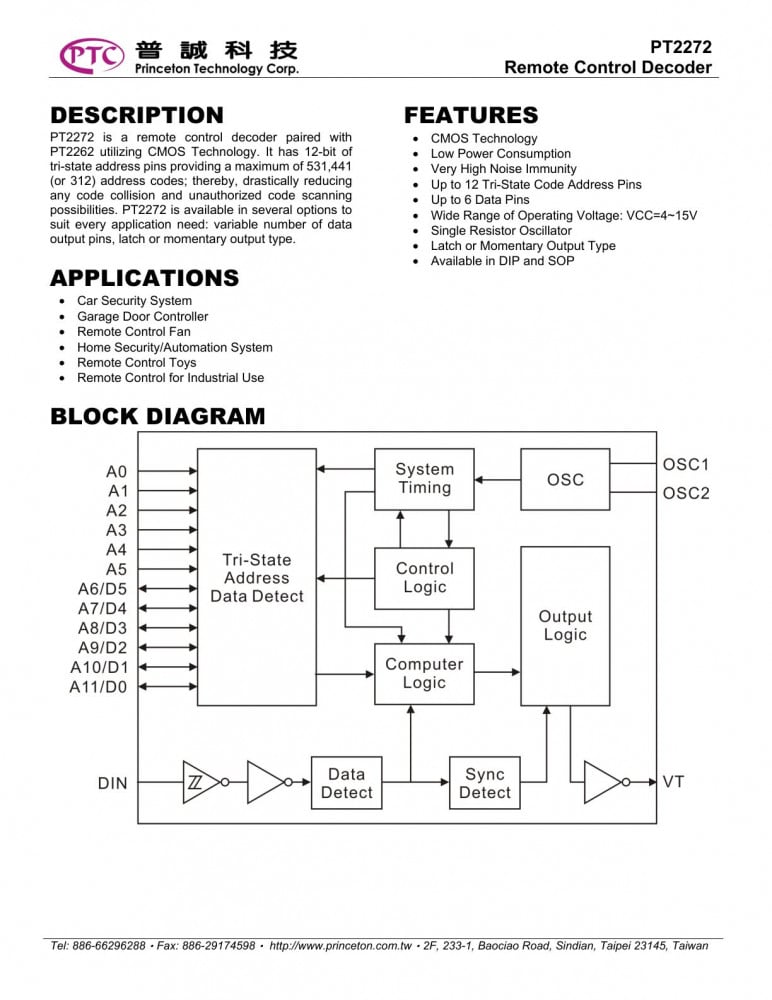 PT2272 datasheet page 1