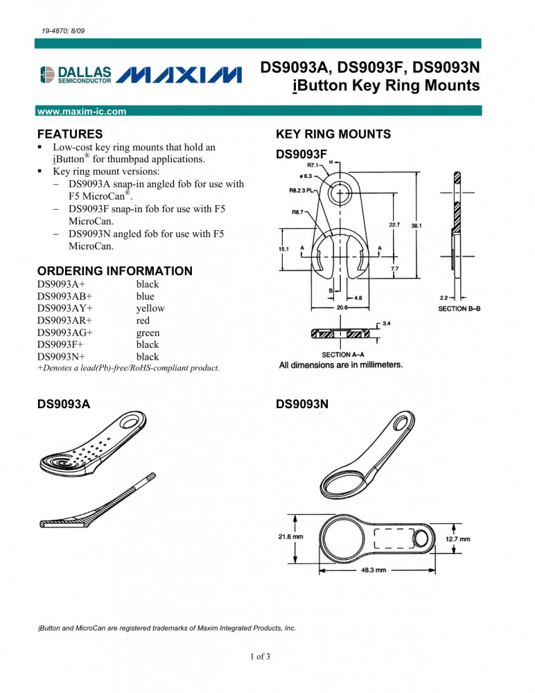 DS9093 key ring mount technical document, page 1