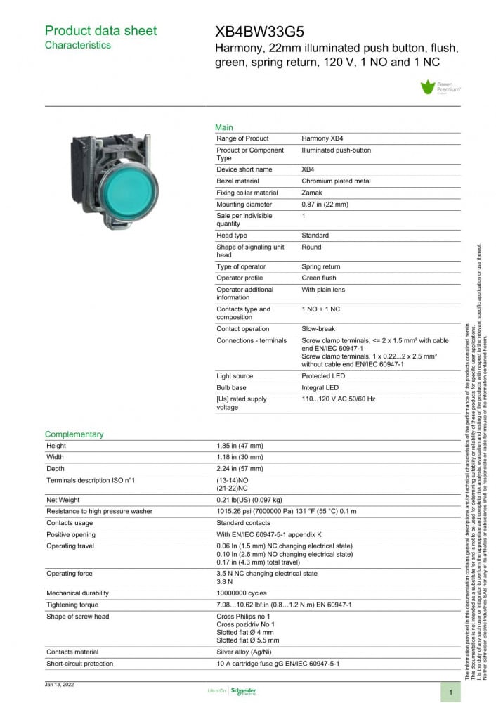 XB4BW33G5 technical document page 1