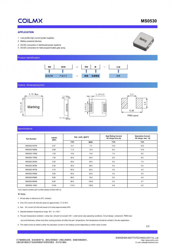 COILMX MS0530 series product identification and application page