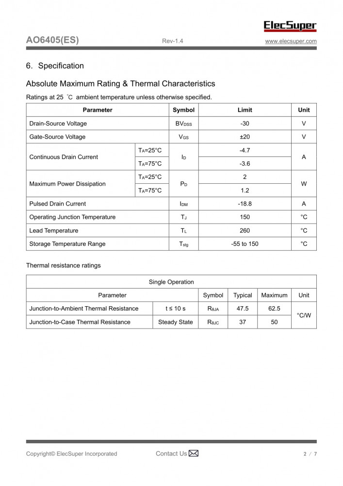 AO6405(ES) datasheet page 2