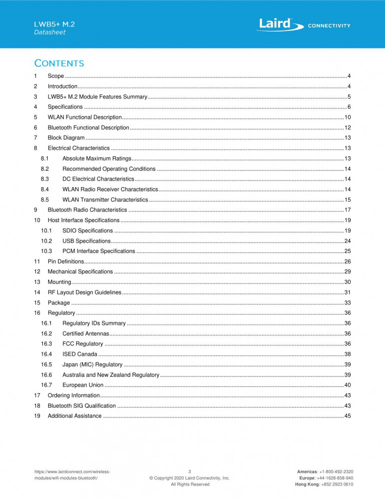 Laird LWB5+ M.2 datasheet page 3