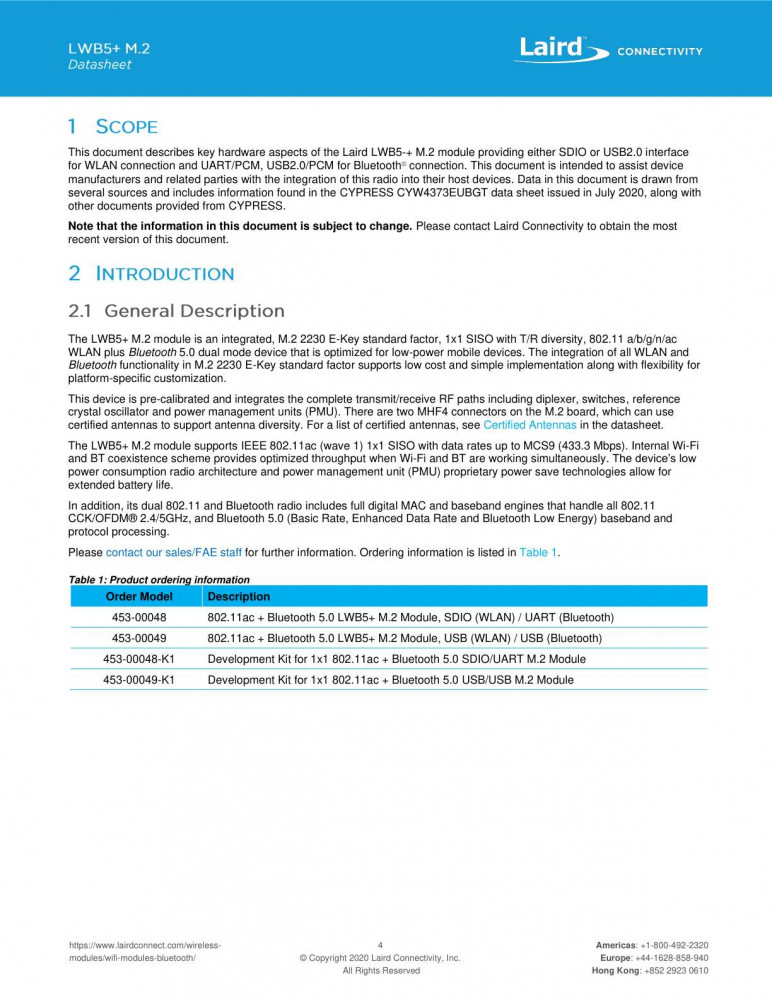 Laird LWB5+ M.2 datasheet page 4