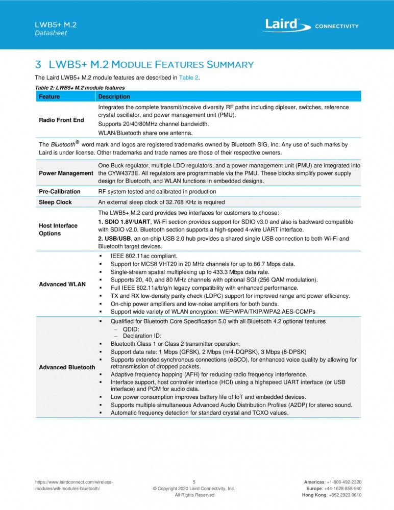 Laird LWB5+ M.2 datasheet page 5