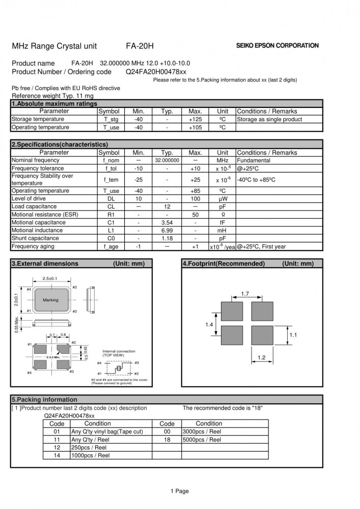 EPSON FA-20H datasheet page 1