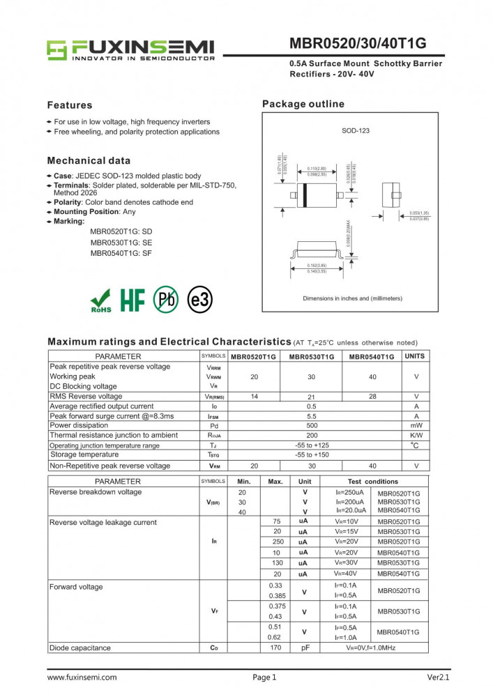 MBR0530T1G datasheet page 1