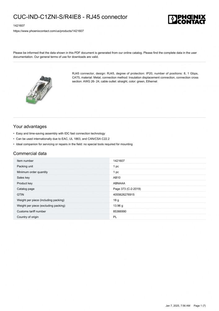Phoenix Contact 1421607 technical document page 1
