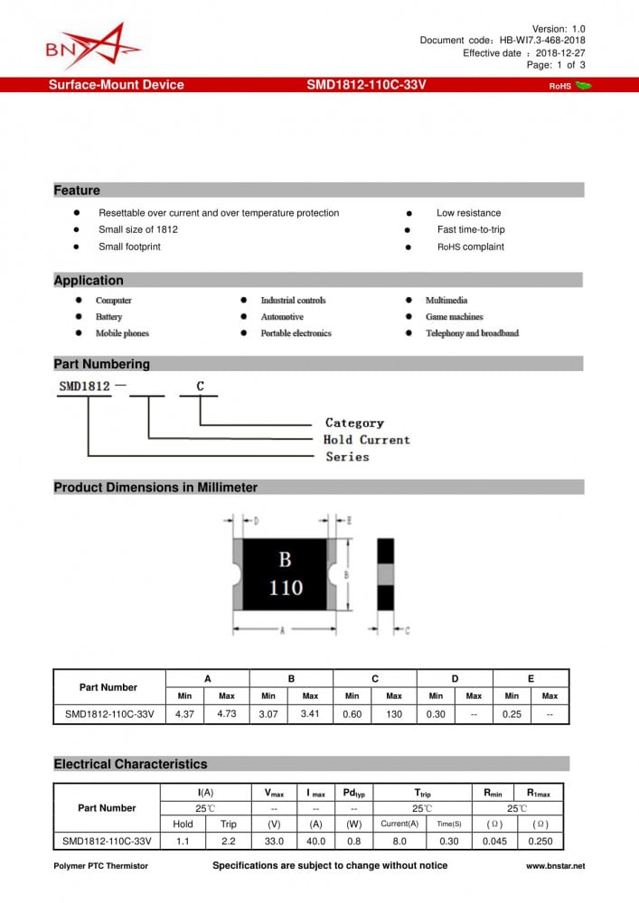 BNstar SMD1812-110C-33V datasheet page 1
