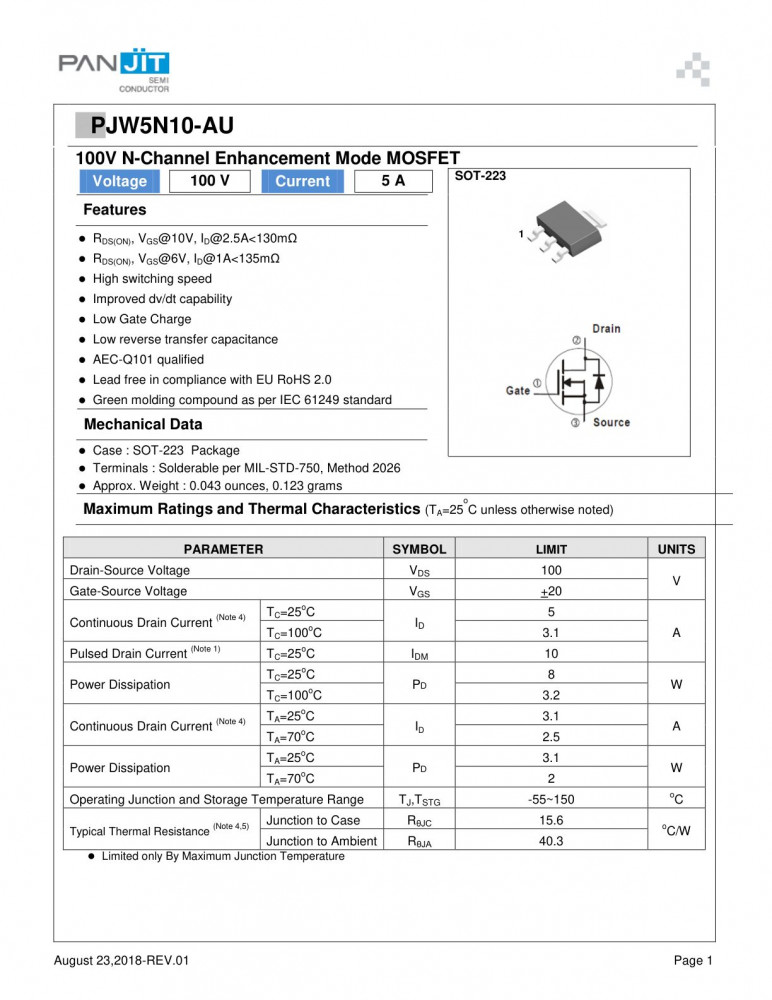 PJW5N10-AU datasheet page 1