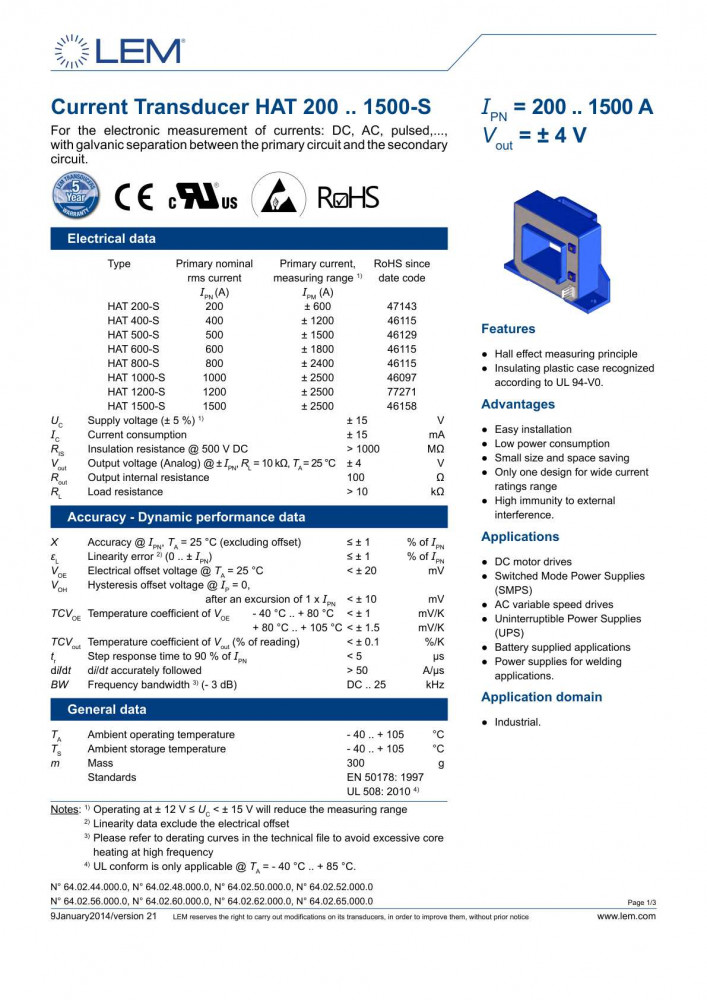 LEM HAT400-S datasheet page 1