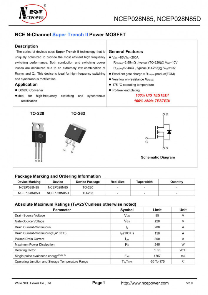 NCEP028N85 datasheet page 1