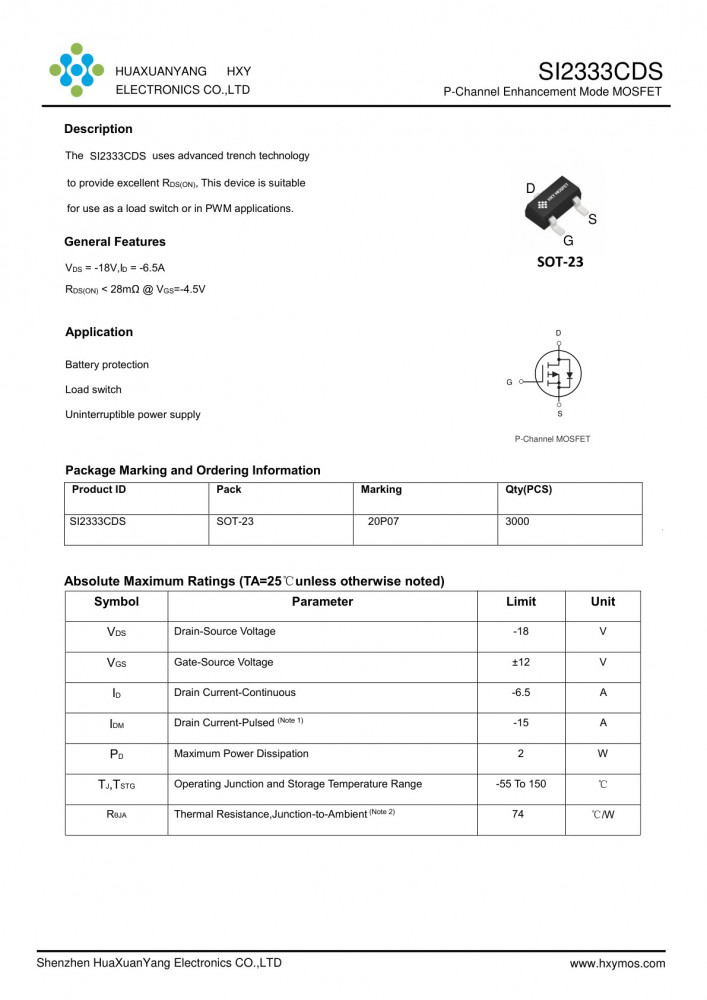 SI2333CDS-HXY datasheet page 1
