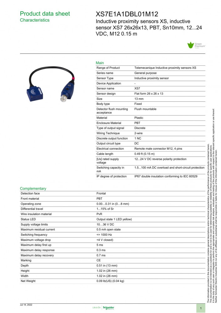 XS7E1A1DBL01M12 technical document page 1