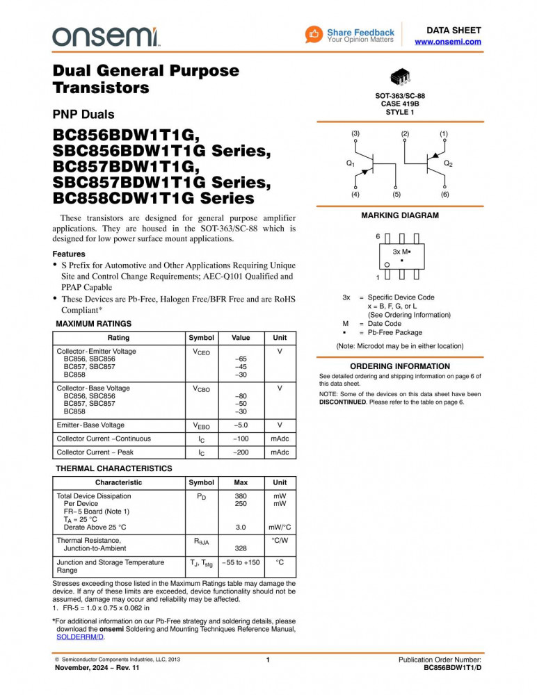 BC857CDW1T1G technical document, page 1