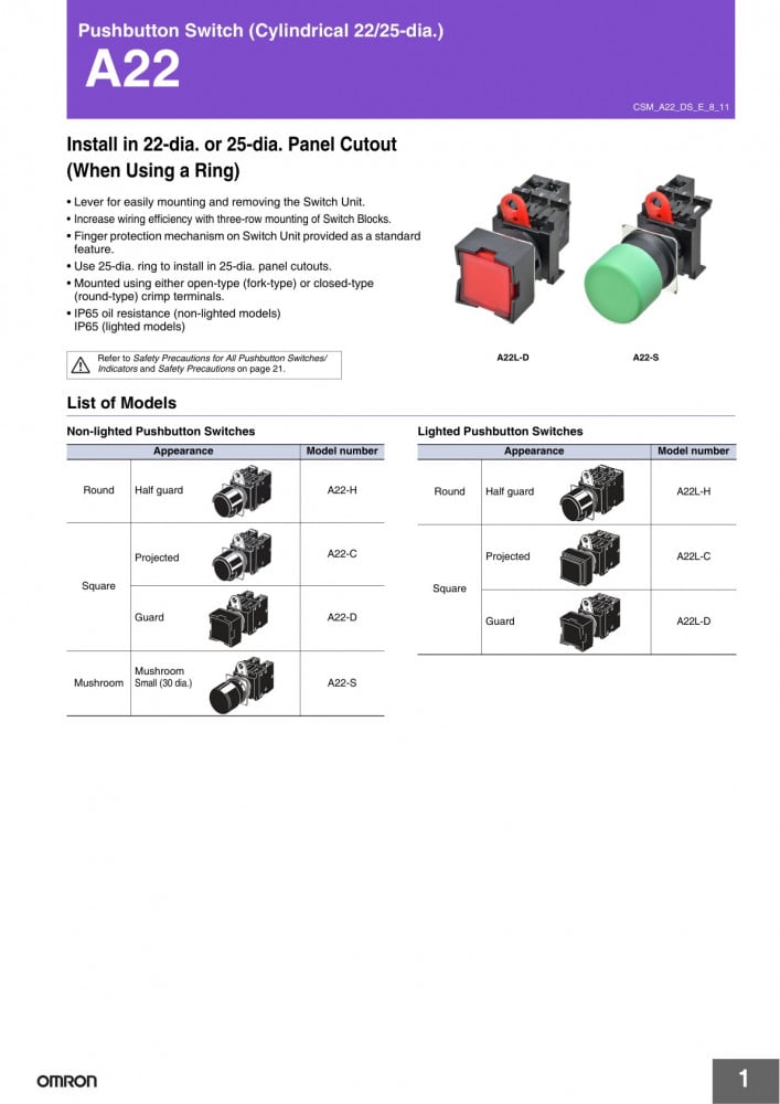 OMRON A22 series documentation page 1