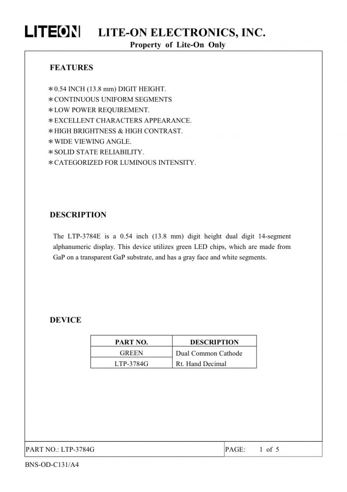 LTP-3784G datasheet page 1