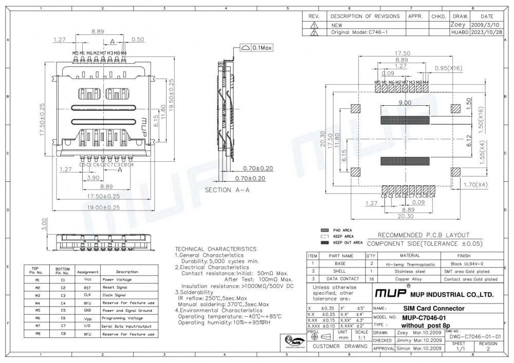MUP C7046-01 SIM connector technical drawing page 1