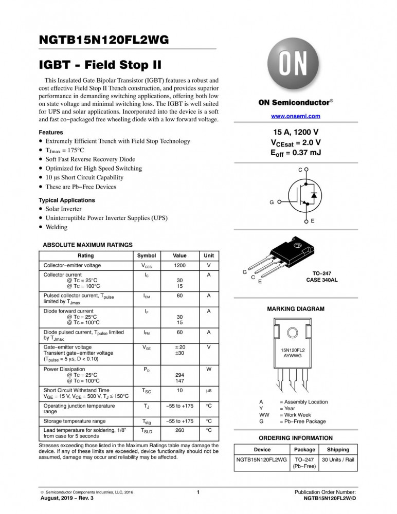 NGTB15N120FL2WG datasheet page 1