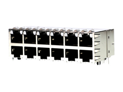 Modular Jack, Right-Angle, Shielded, Lightpipes, Stacked, 8/8, 8 Ports