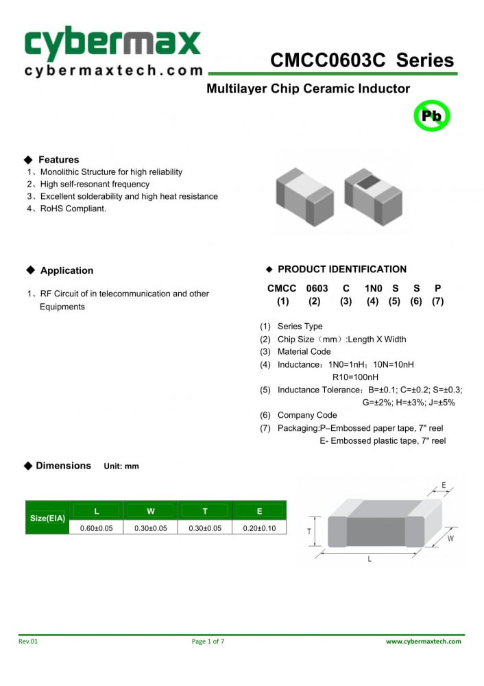 Cybermax CMCC0603 series datasheet page 1