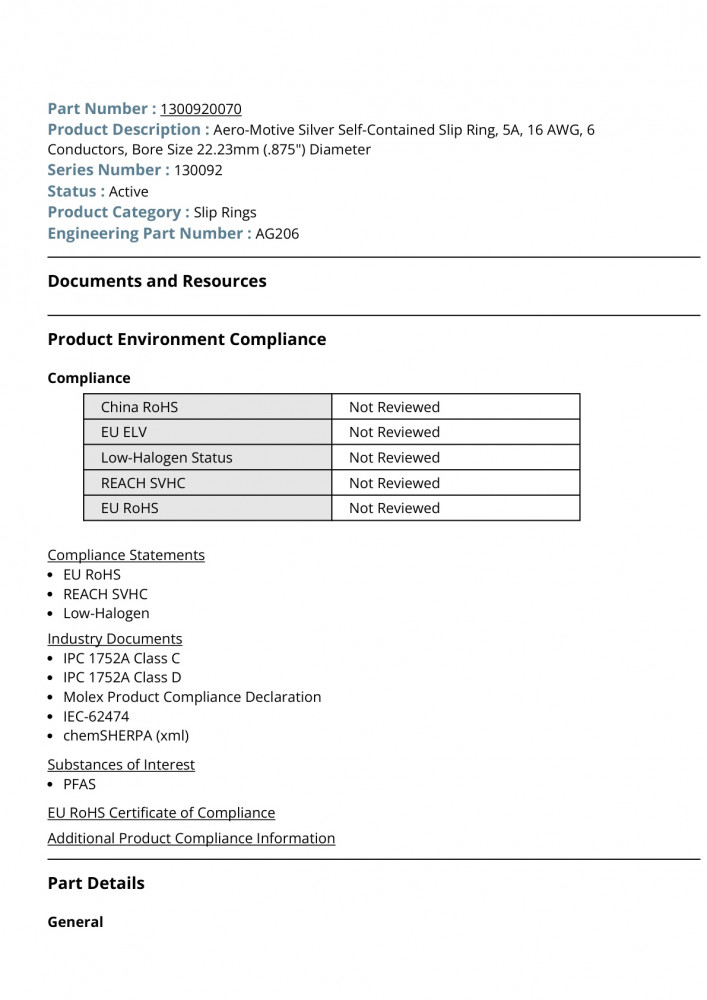 Technical document page 1 for MOLEX 1300920070