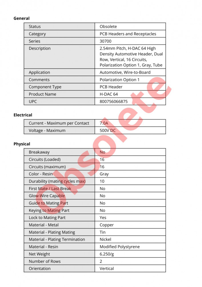 Technical document page 2 for MOLEX 307004164