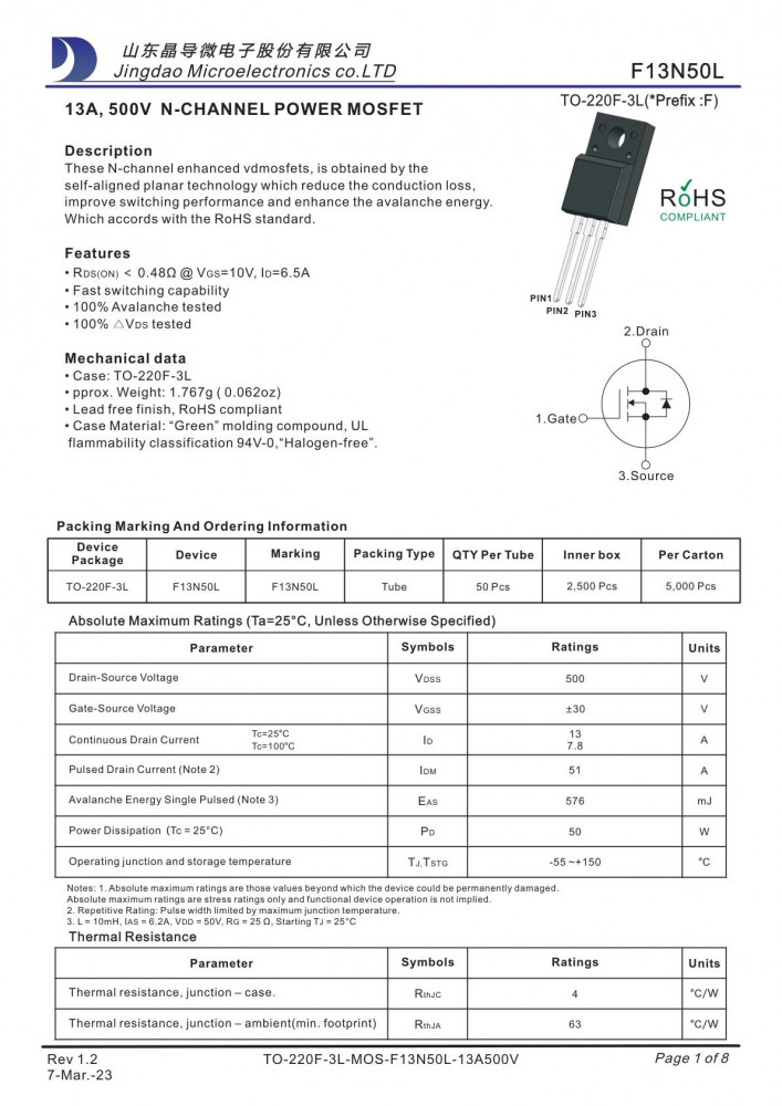 F13N50L datasheet page 1
