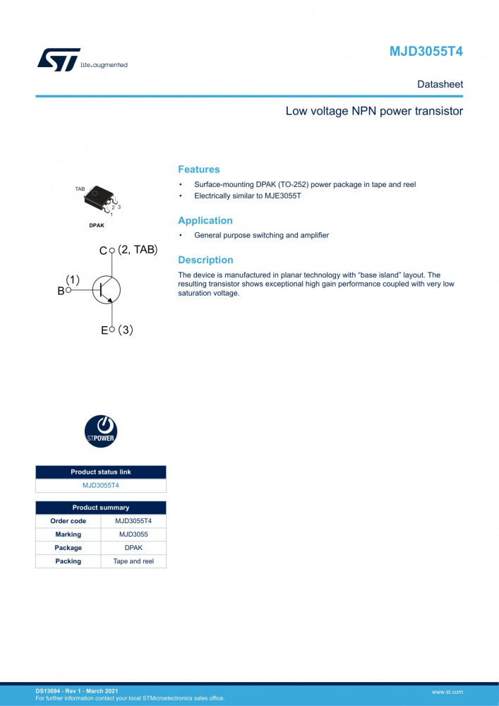 MJD3055T4 datasheet page 1
