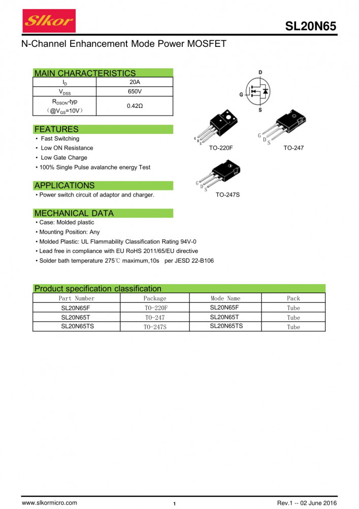 SL20N65F datasheet page 1