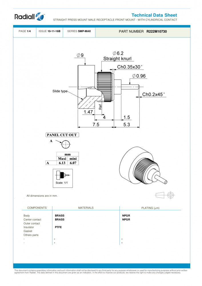 R222M10730 datasheet page 1, drawing and panel cut-out