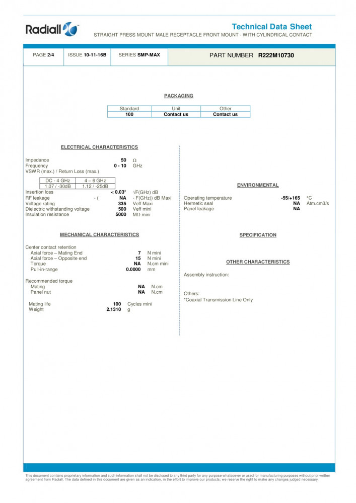 R222M10730 datasheet page 2, electrical and mechanical specifications