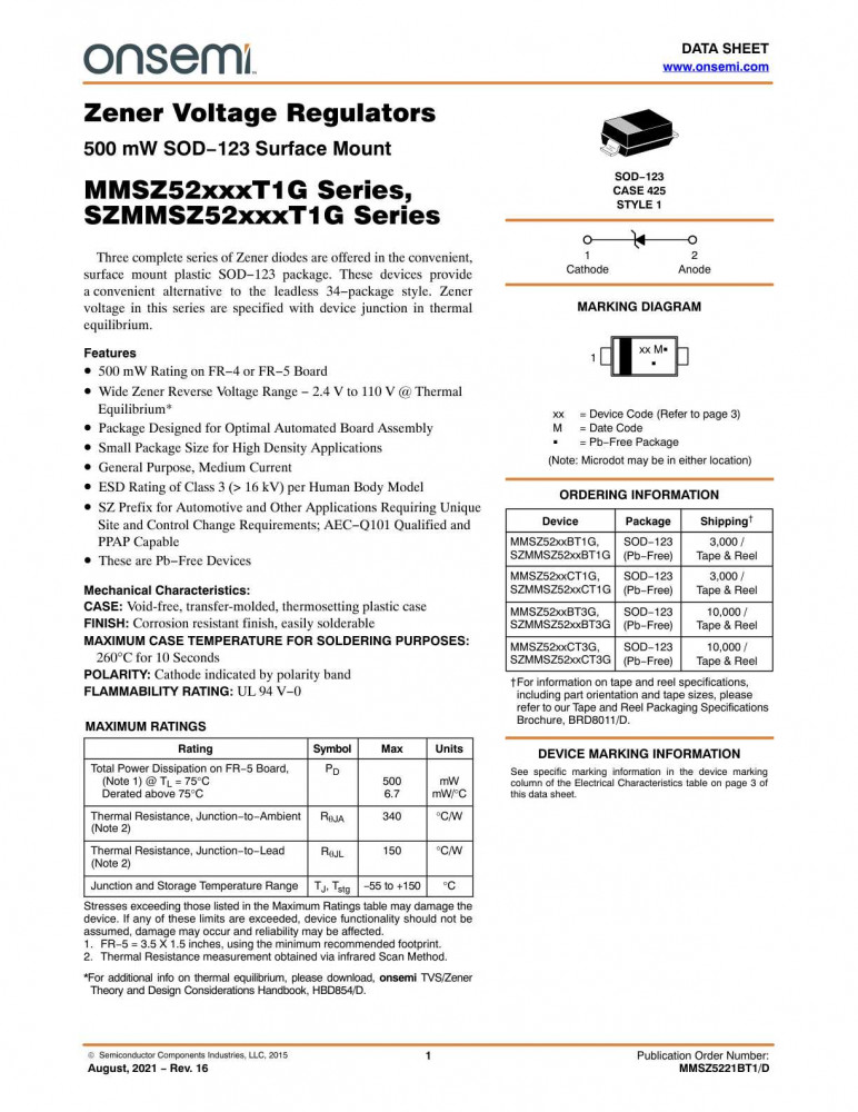 MMSZ5244BT1G datasheet page 1