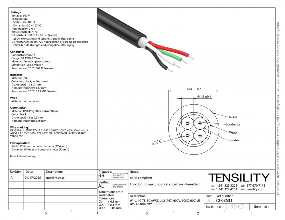 Tensility International 30-03531 cable product drawing