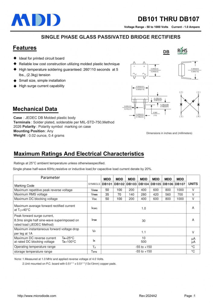 MDD DB104 bridge rectifier datasheet, page 1