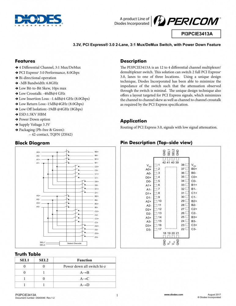 PI3PCIE3413A technical document page 1