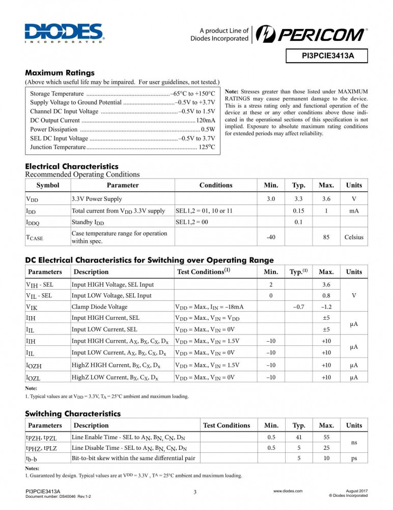 PI3PCIE3413A technical document page 3