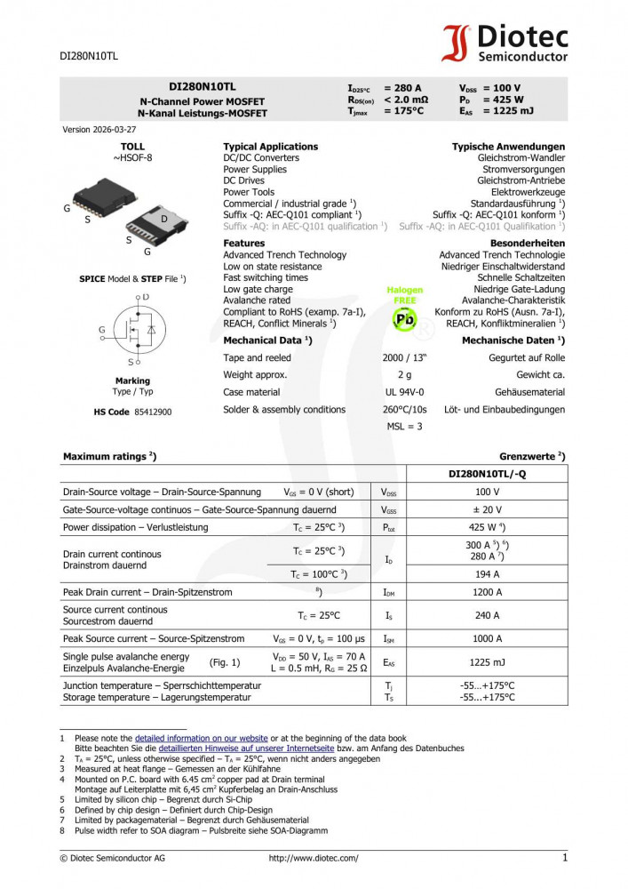 DIOTEC DI280N10TL document page 1