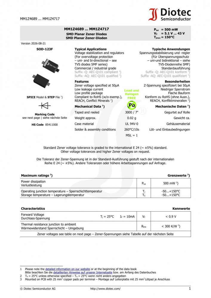 DIOTEC MM1Z4689 family datasheet page 1