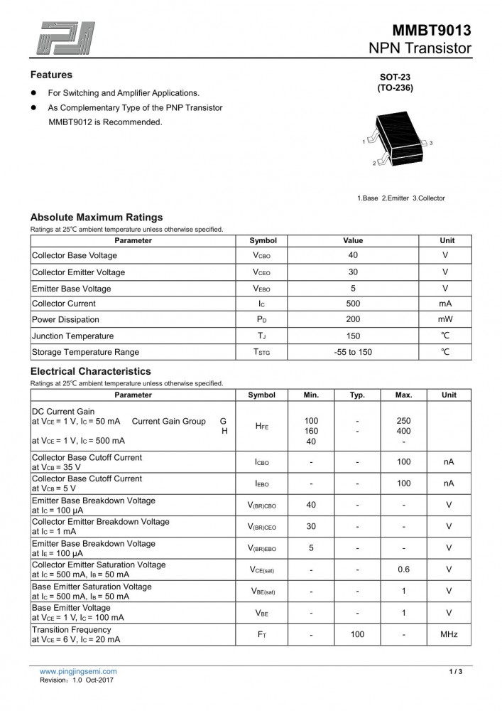 MMBT9013G technical document page 1
