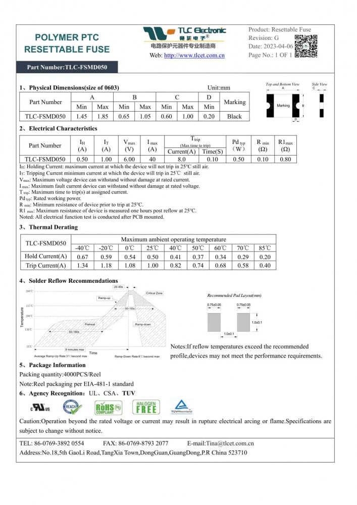 TLC-FSMD050 technical datasheet page